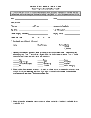 Fillable Online fresno DRAMA SCHOLARSHIP APPLICATION - Fresno Pacific University - fresno Fax ...
