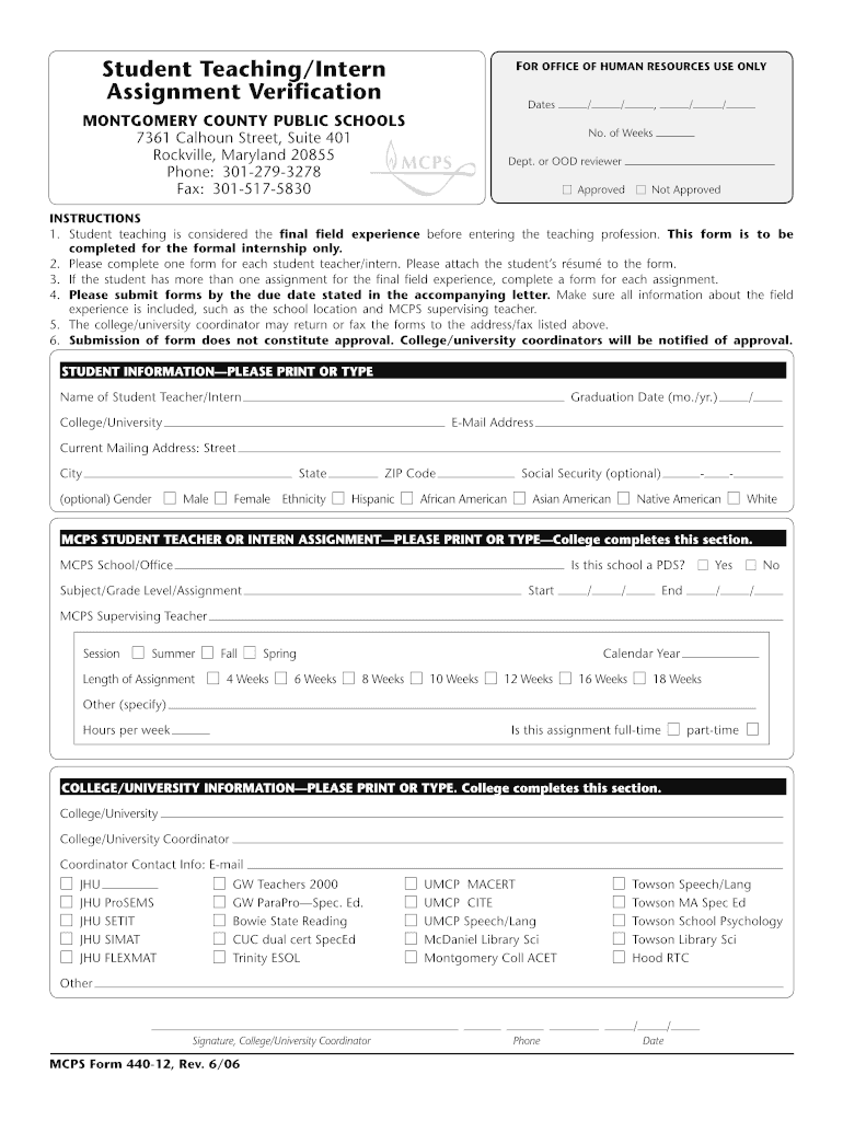 Fillable Online Student Teaching/Intern Assignment Verification Form Fax Email Print - pdfFiller