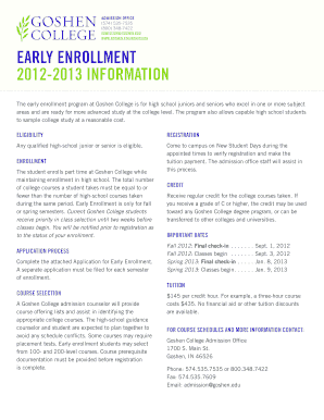 Fillable Online Application for Early Enrollment at Goshen College Fax ...