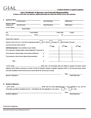 Fillable Online gial Joint Certificate of Sponsor and Financial ...