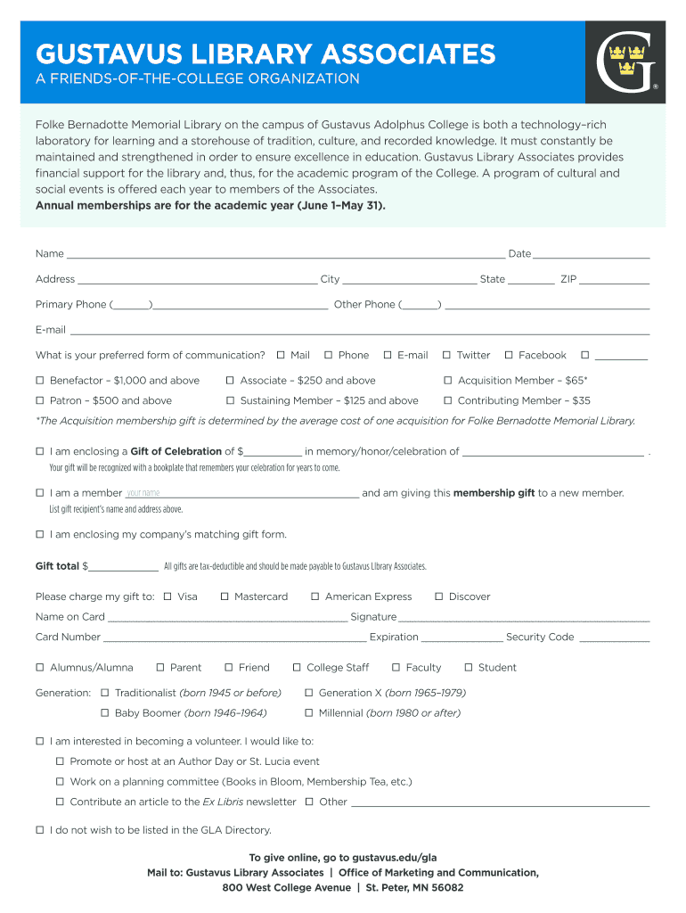 Fillable Online Membership Application for Gustavus Library Associates ...