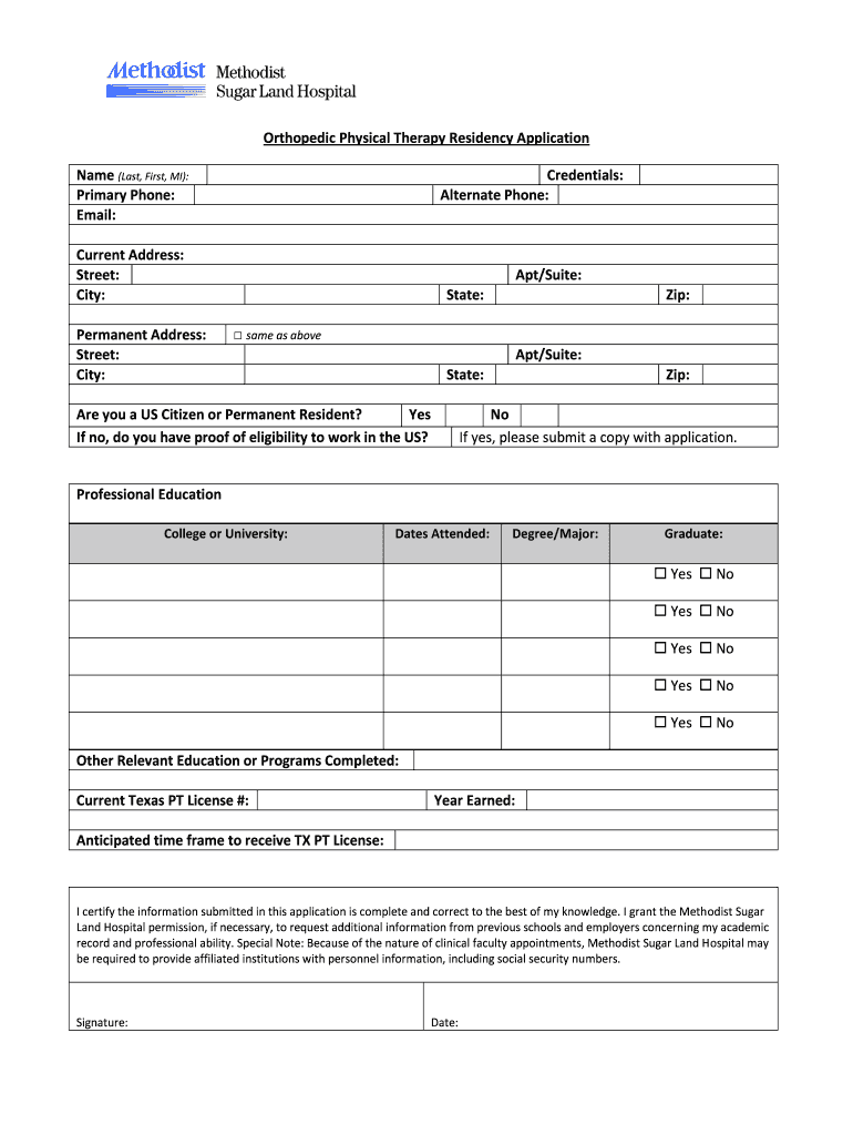 Fillable Online Orthopedic Physical Therapy Residency Application Fax Email Print - pdfFiller