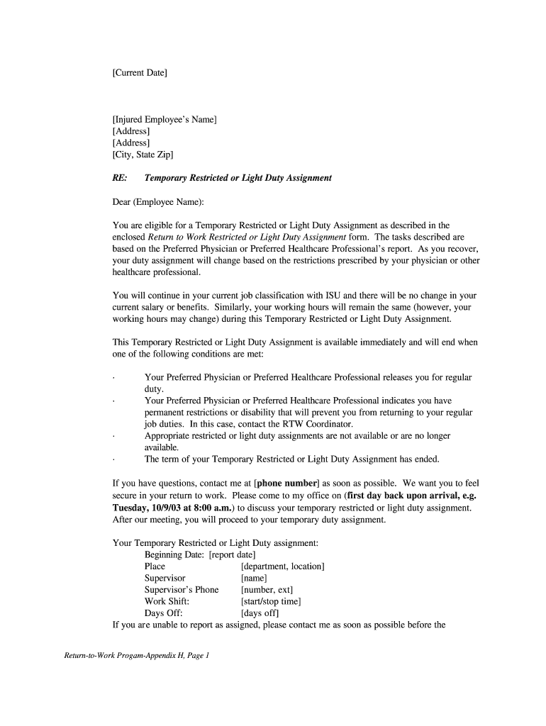 Fillable Online isu Supervisor's letter to Employee notifying Light ...