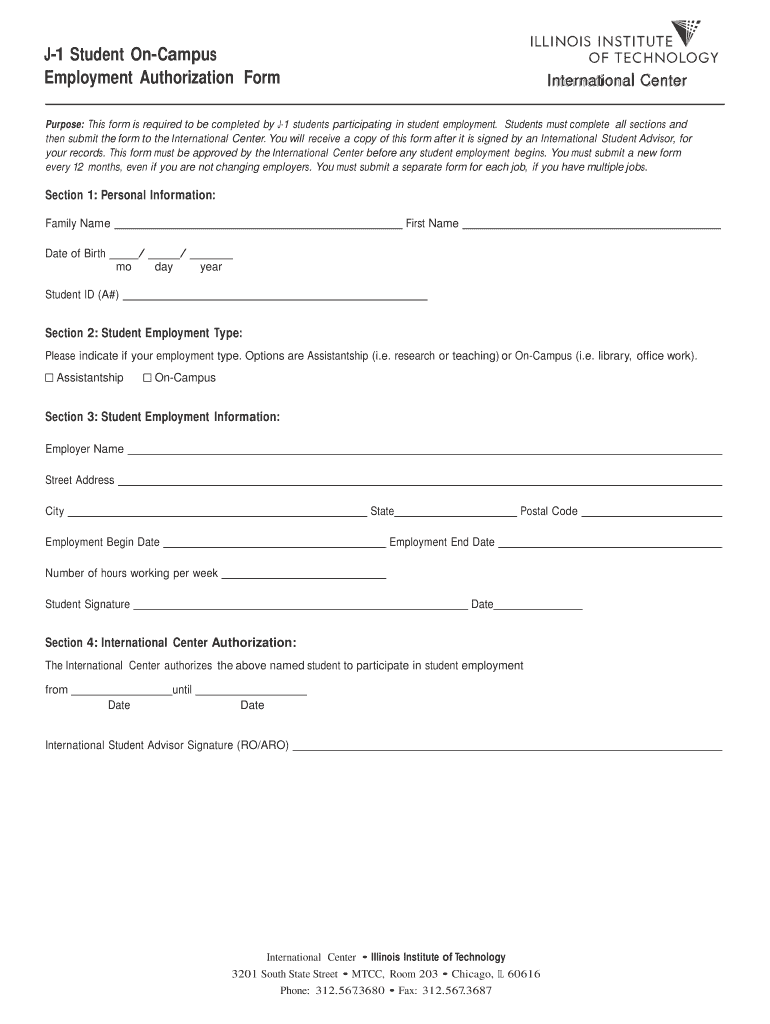 Fillable Online J-1 Student On-Campus Employment Authorization Form Fax ...
