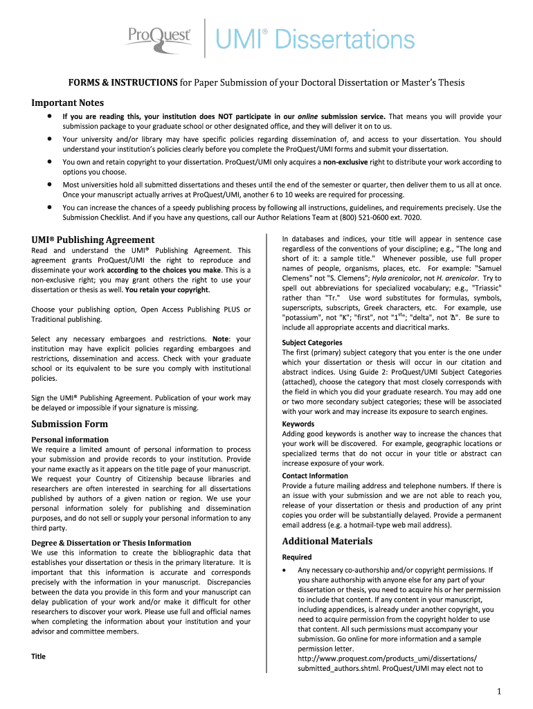 Fillable Online Doctoral Dissertation and Master's Thesis Submission Instructions Fax Email ...