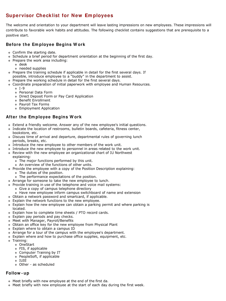 Fillable Online Supervisor Checklist for New Employees Fax Email Print ...