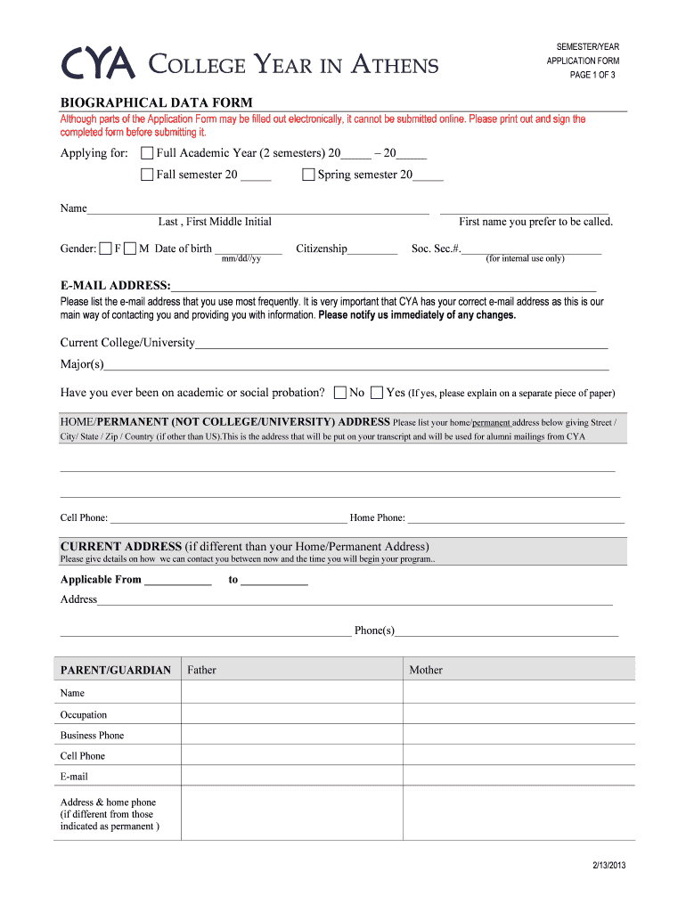 Fillable Online Application Form for College Year in Athens Fax Email ...