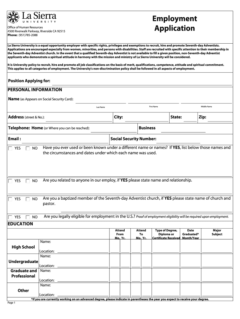 Fillable Online La Sierra University Employment Application Fax Email Print - pdfFiller