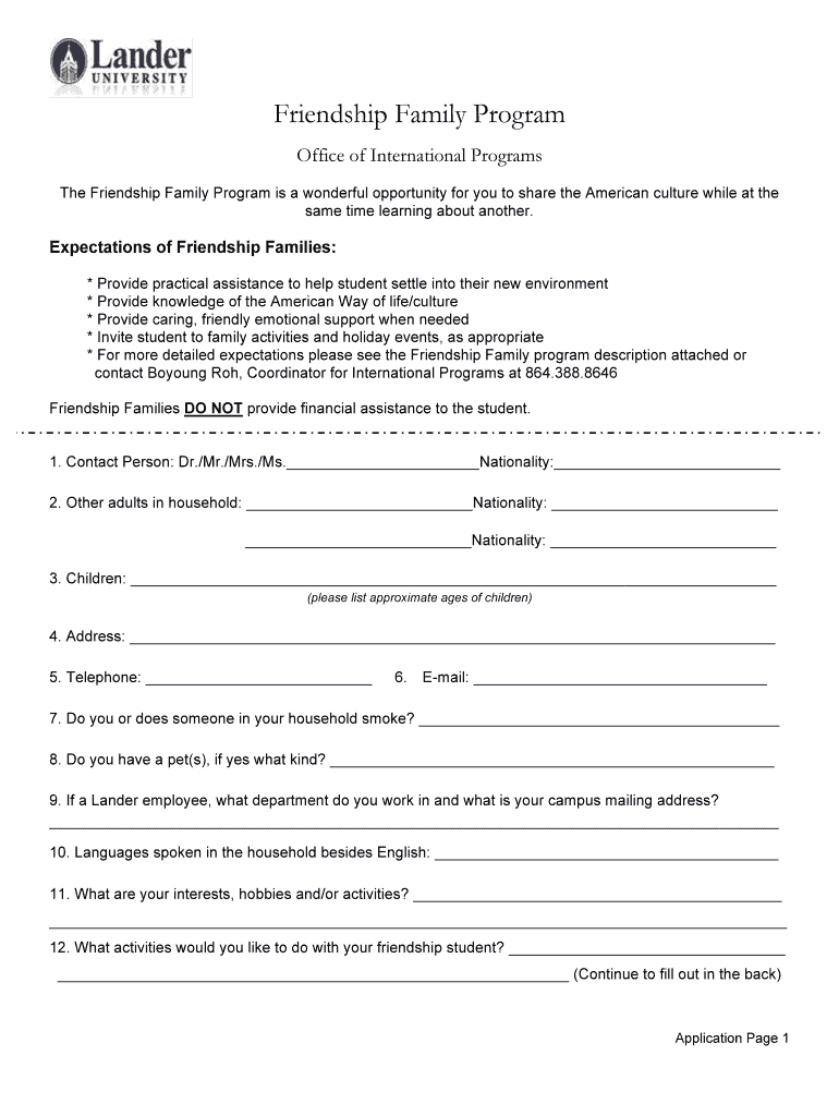 Fillable Online Friendship Family Program Overview and Application Form ...