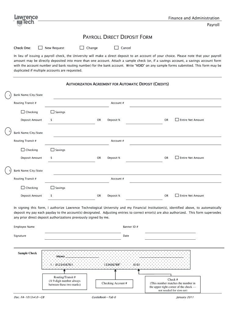 PAYROLL DIRECT DEPOSIT FORM - Lawrence Technological - ltu: Fill out ...