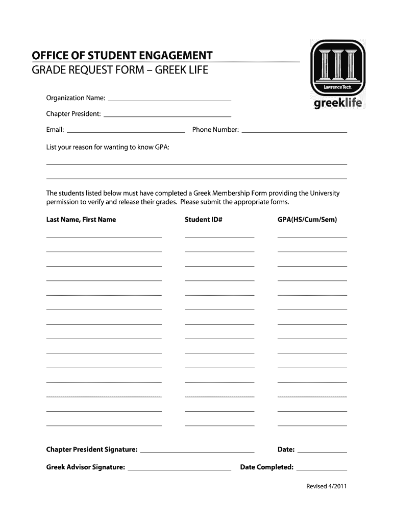 Fillable Online Greek Life Grade Request Form Fax Email Print - pdfFiller