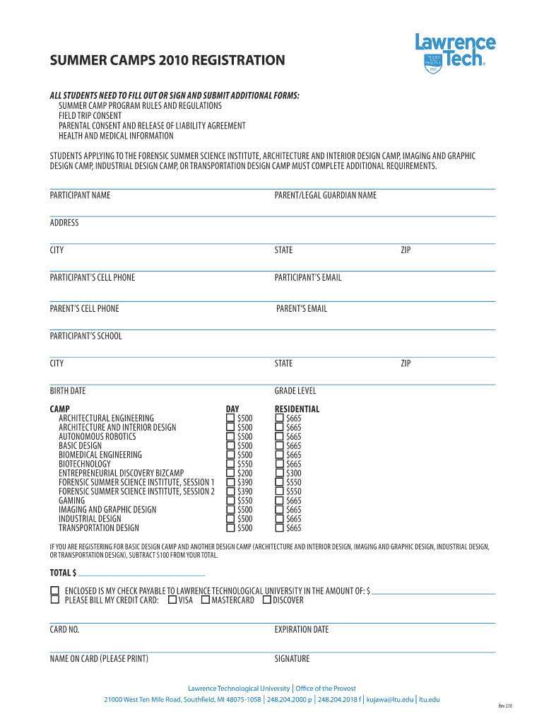 Fillable Online Summer Camps 2010 Registration Form Fax Email Print - pdfFiller