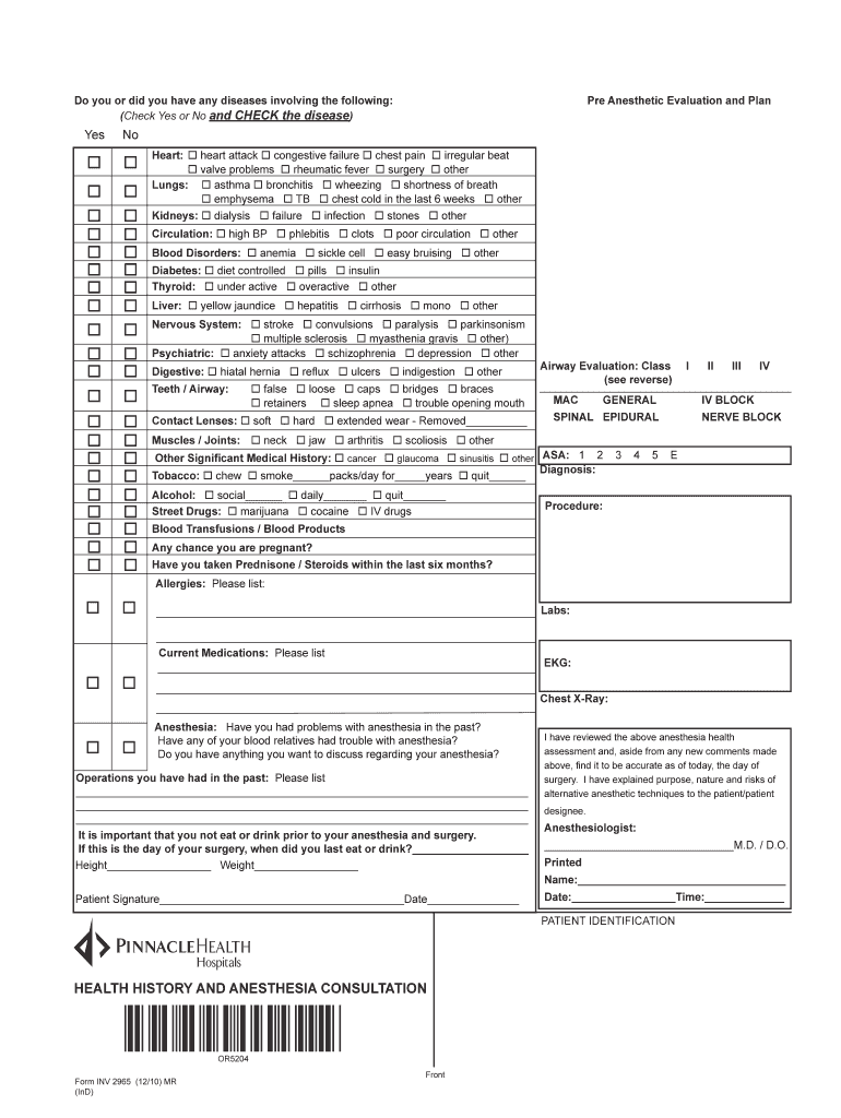 Fillable Online Health History and Anesthesia Consultation Form Fax ...