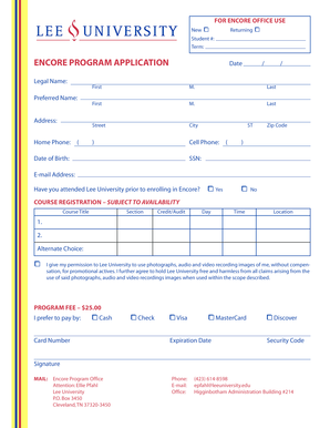Fillable Online ENCORE PROGRAM APPLICATION - Lee University Fax Email ...