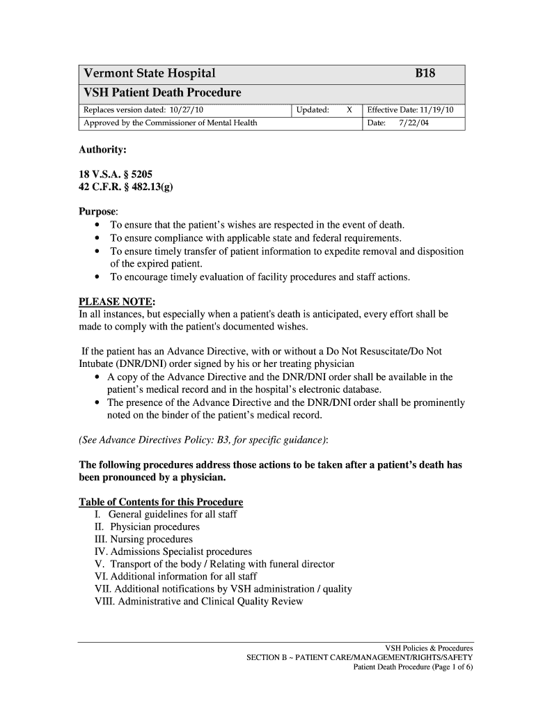 Fillable Online Vermount State Hospital Patient Death Procedure Fax ...