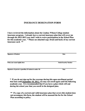 Fillable Online lindsey INSURANCE DESIGNATION FORM - Lindsey Wilson ...