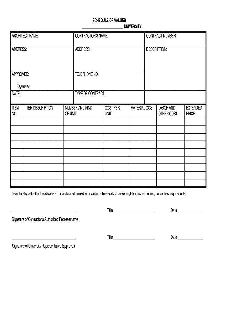 Schedule Of Values Template Fill Online Printable Fillable Blank 
