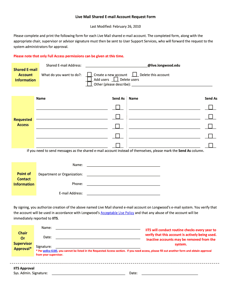 Fillable Online Live Mail Shared E-mail Account Request Form Fax Email ...