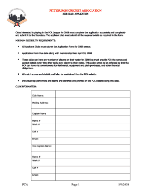 Fillable Online Pittsburgh Cricket Association Club Application Fax ...