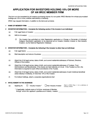 Fillable Online APPLICATION FOR INVESTORS HOLDING 10% OR MORE ...