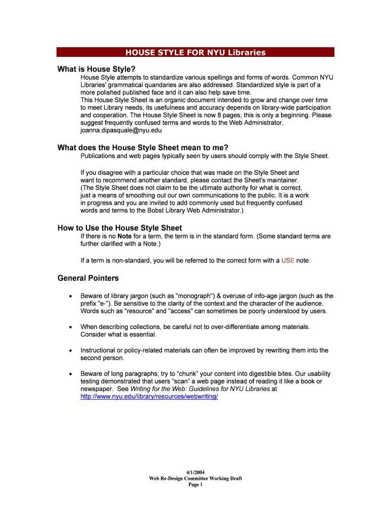 HOUSE STYLE FOR NYU Libraries: Fill out & sign online | DocHub