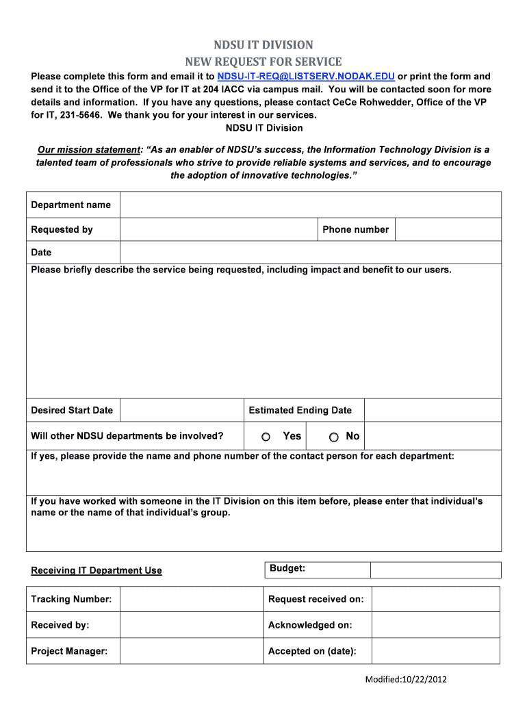 Fillable Online NDSU IT Service Request Form Fax Email Print - pdfFiller