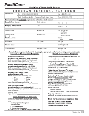Fillable Online PacifiCare of Texas Health Services Referral Form Fax ...