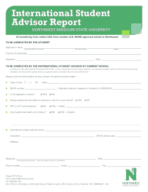 Fillable Online nwmissouri International Student Advisor Report Fax ...