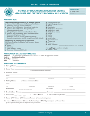 Fillable Online plu SCHOOL OF EDUCATION & MOVEMENT STUDIES GRADUATE AND ...