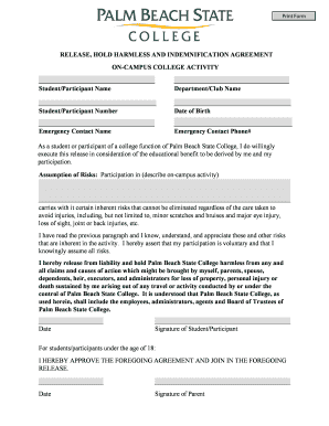 Fillable Online palmbeachstate Release Form-On Campus College Activity ...