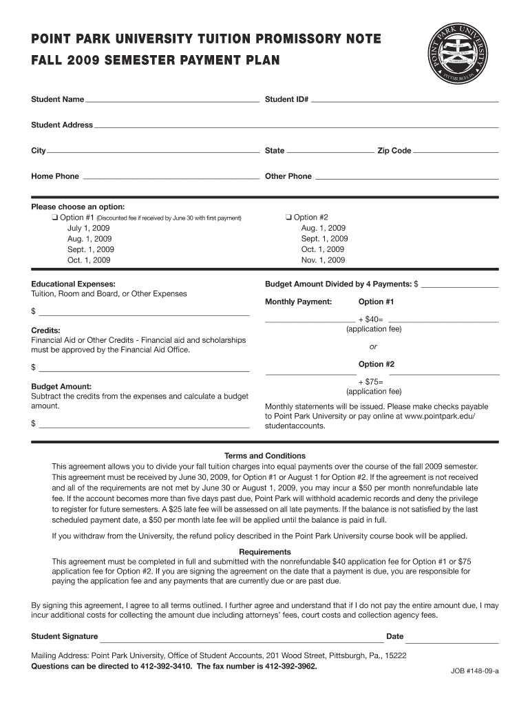 Fillable Online Tuition Payment Plan Agreement for Fall 2009 Semester Fax Email Print - pdfFiller