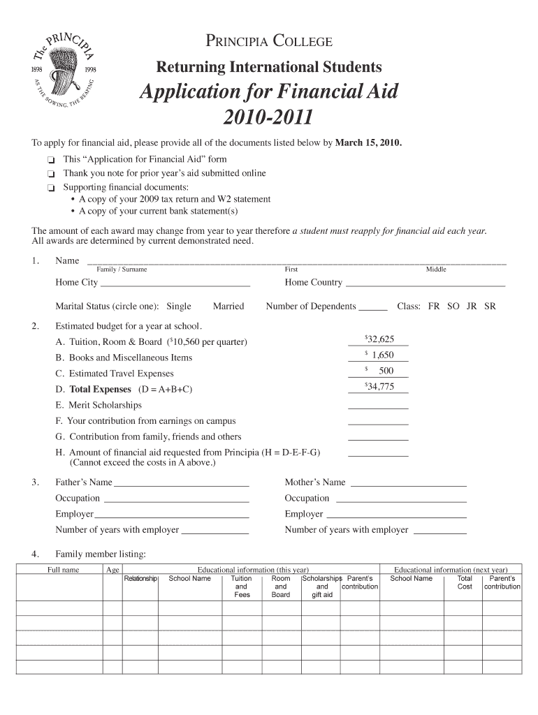 Fillable Online Financial Aid Application for Returning International ...
