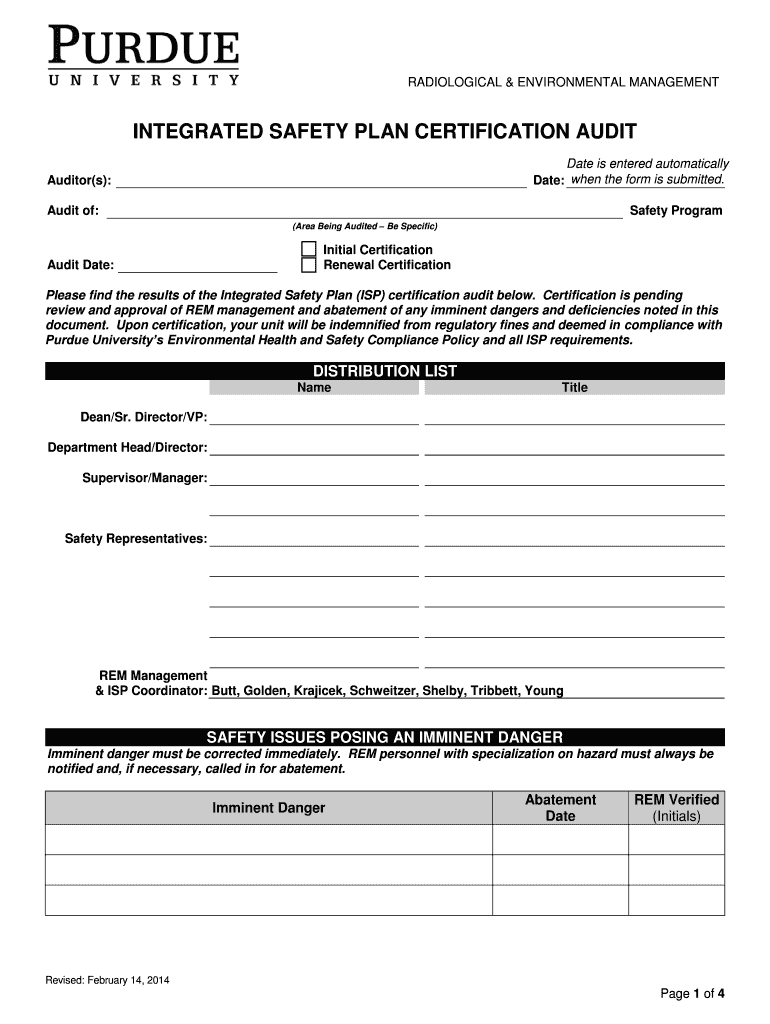 Fillable Online Integrated Safety Plan Certification Audit Form Fax ...