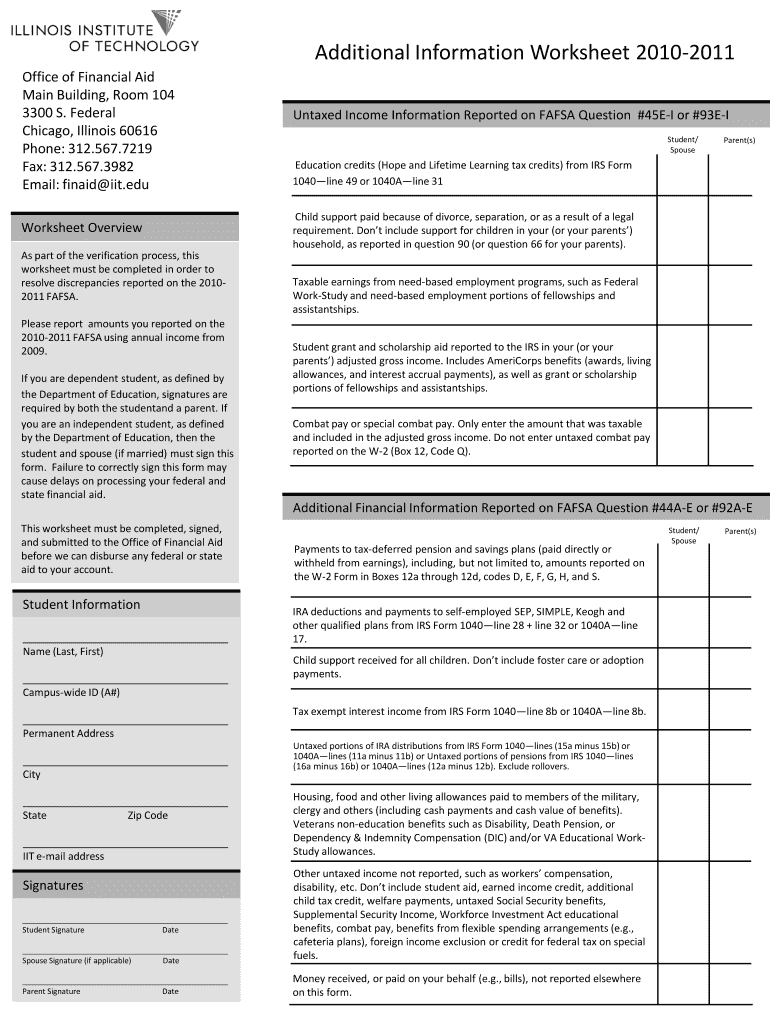 Fillable Online Additional Information Worksheet for Financial Aid Verification Fax Email Print ...