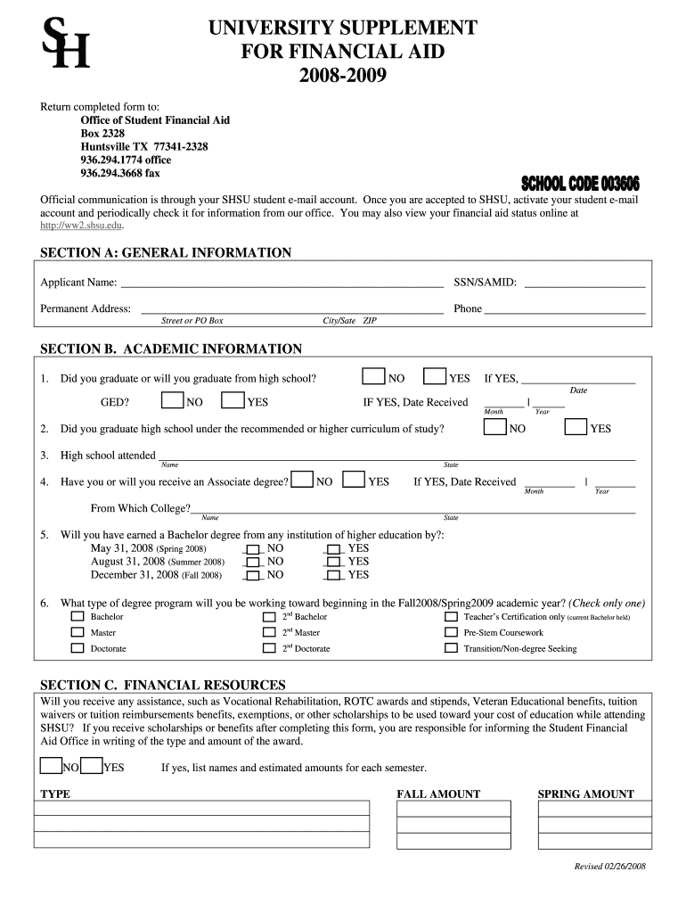 University supplement for financial aid 2008-2009 - Sam Houston - shsu ...