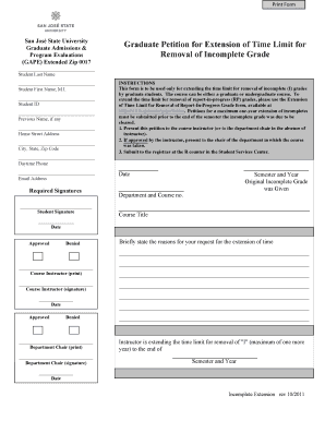 Fillable Online sjsu Graduate Petition for Extension of Time Limit for ...