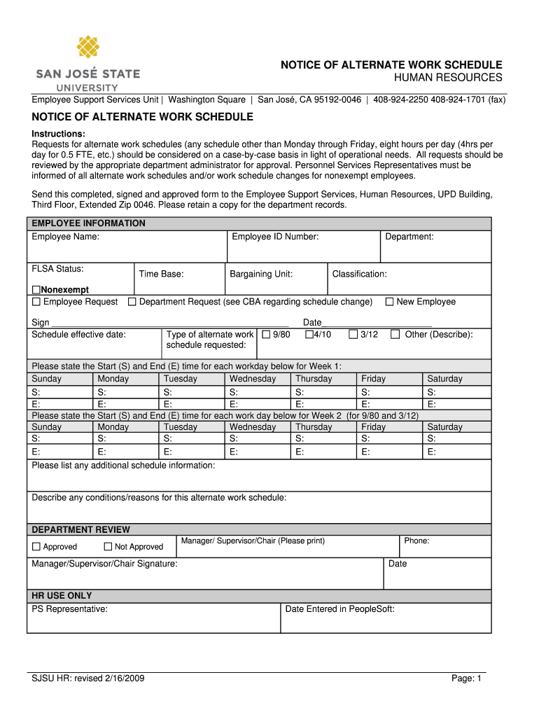 Fillable Online Notice of Alternate Work Schedule Fax Email Print ...