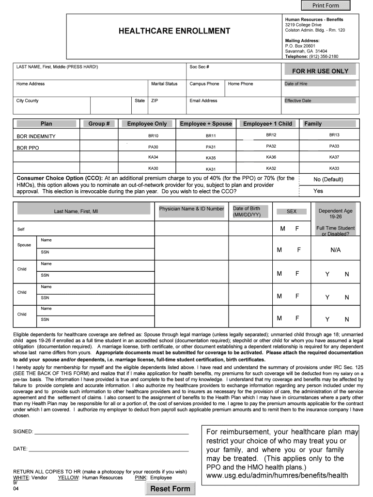 Fillable Online Healthcare Enrollment Form Fax Email Print - pdfFiller