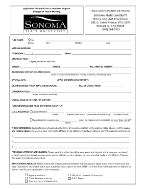 Fillable Online Master of Arts in History Admission Application Fax Email Print - pdfFiller