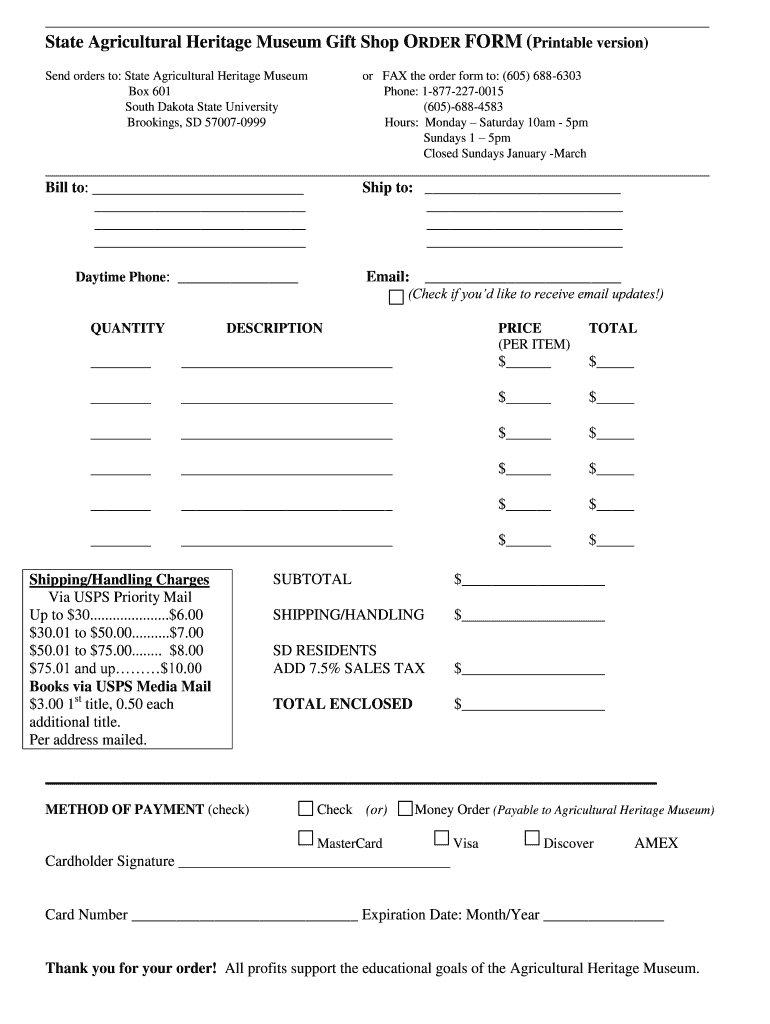 State Agricultural Heritage Museum Gift Shop ORDER FORM - sdstate: Fill ...