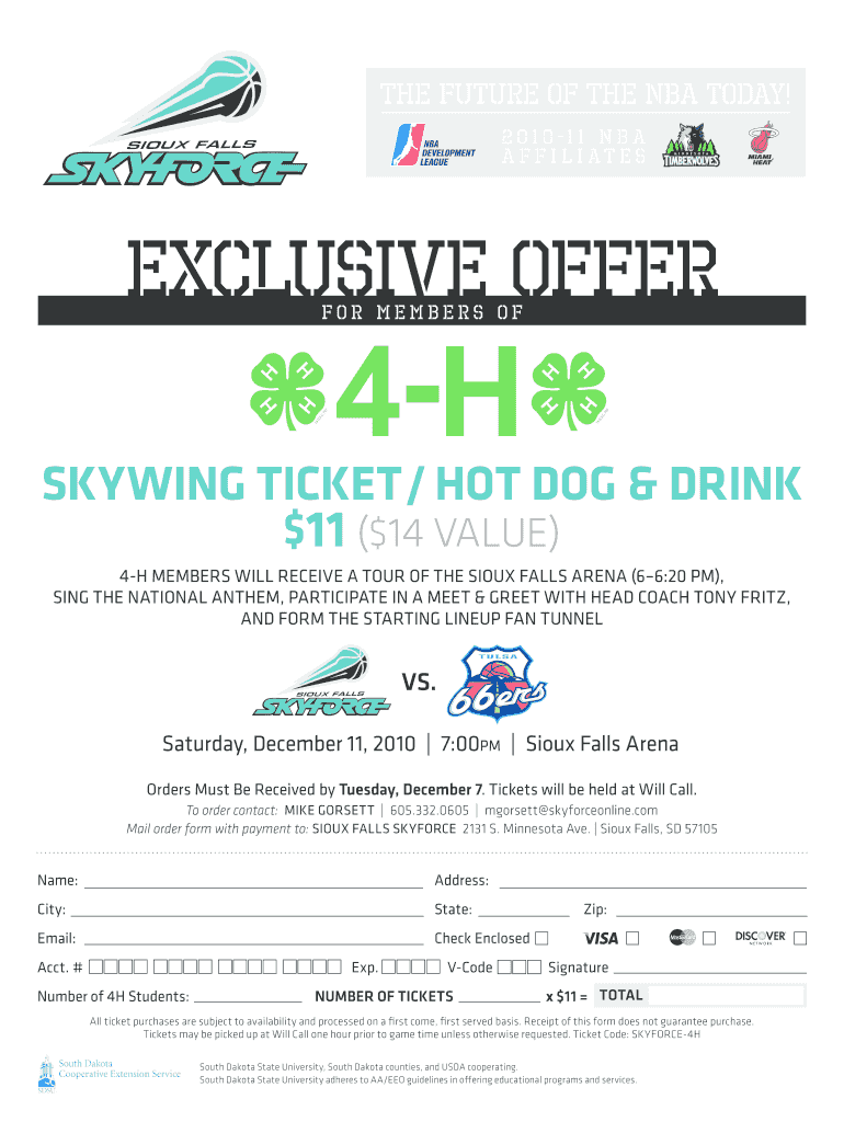 Fillable Online Sioux Falls Skyforce Ticket Order for 4-H Members Fax Email Print - pdfFiller