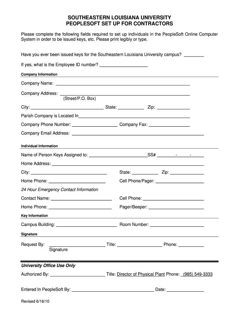 Contractor Key Form - Southeastern Louisiana University - selu: Fill ...