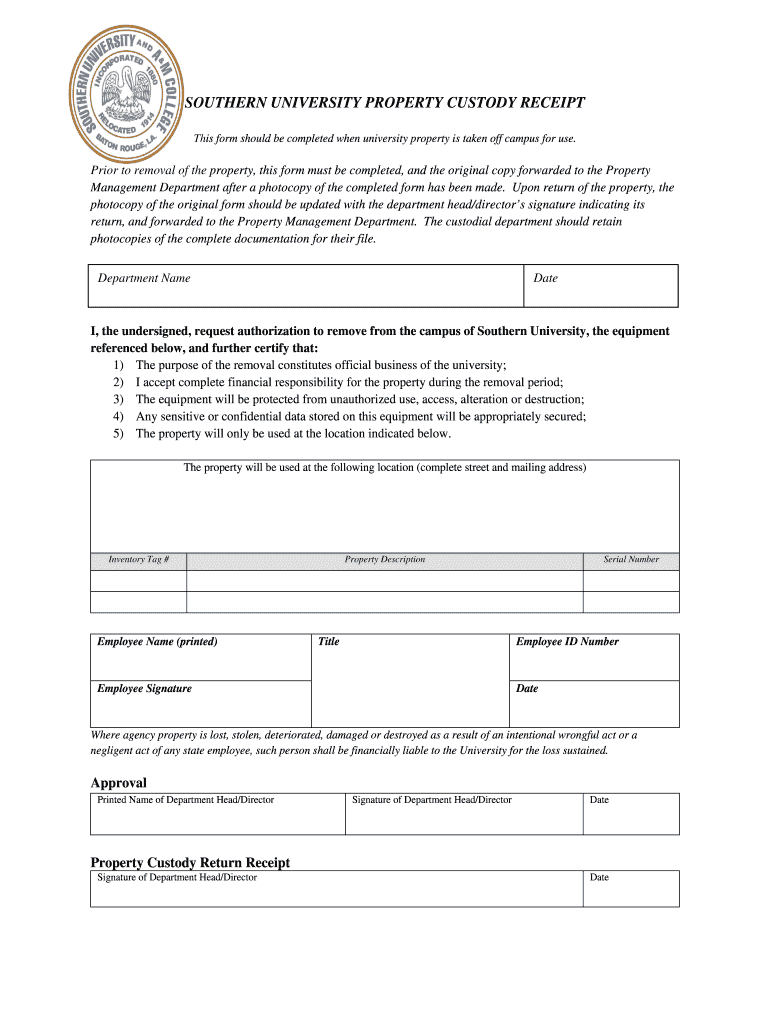 Fillable Online Southern University Property Custody Receipt Fax Email ...