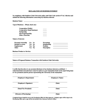 Fillable Online suu Declaration of Business Interest - Southern Utah ...