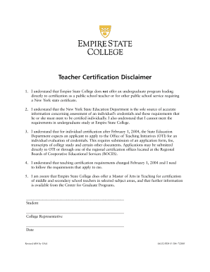 Teacher Certification Disclaimer - Empire State College - Esc - Fill ...