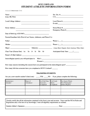 Fillable Online cortland STUDENT-ATHLETE INFORMATION FORM - SUNY ...