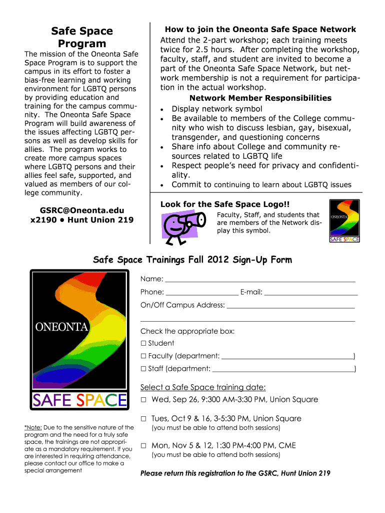 Fillable Online Oneonta Safe Space Program Training Registration Fax ...