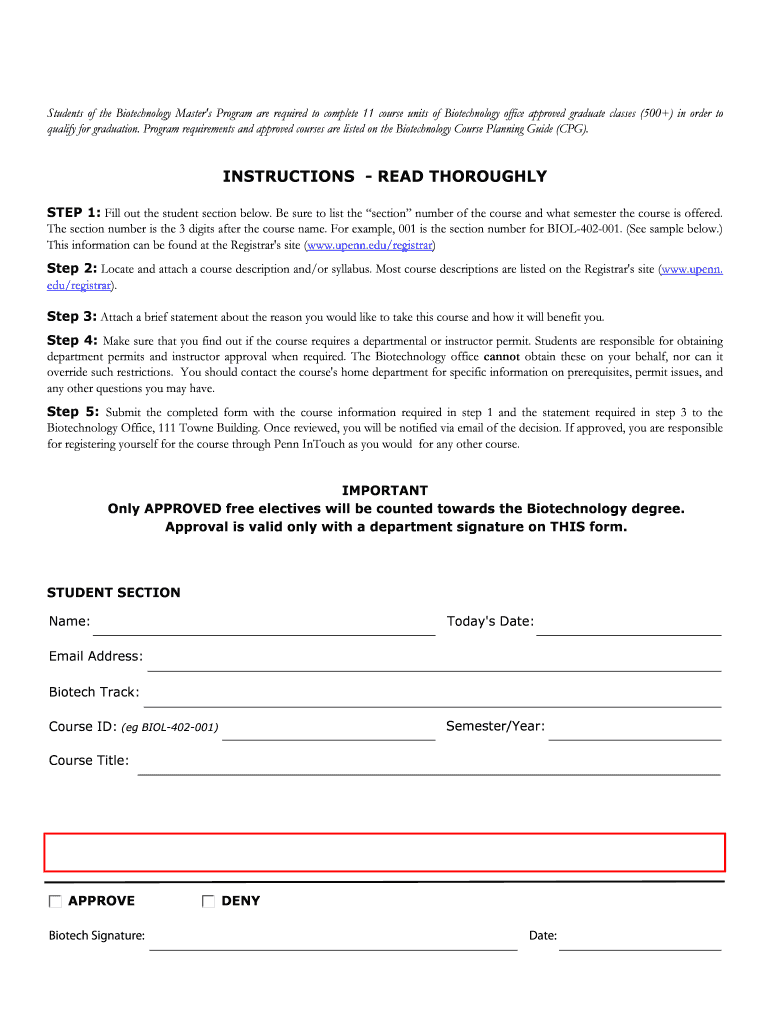 Fillable Online upenn Biotechnology core free elective approval form ...