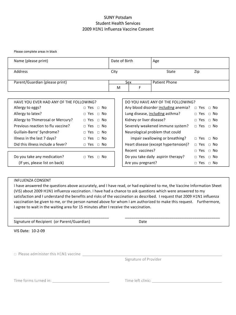 Fillable Online potsdam Consent Form for receiving the H1N1 Vaccine ...
