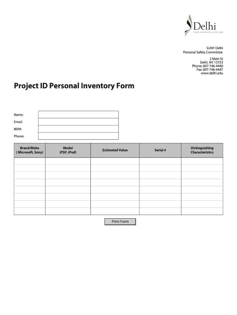 Fillable Online Project ID Personal Inventory Form Fax Email Print ...